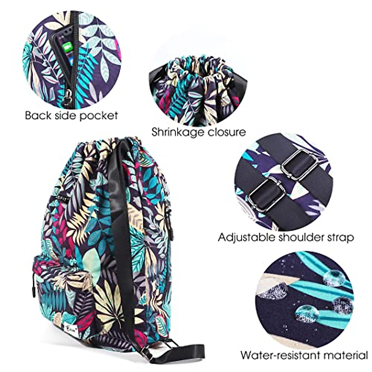 Risefit Water Resistant Drawstring Bag, Gym Bag Sackpack Sports Beach Backpack for Men Women (Blue Leaves)