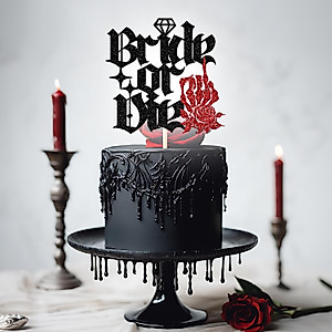 Bride or Die Cake Topper, Till Death Do Us Party, Rip Single Life, Halloween Gothic Wedding Bachelorette Party Decorations, Black and Red Glitter