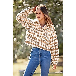 PRETTYGARDEN Women's Fall Plaid Shacket Jacket Faux Fur Lapel Open Front Cropped Winter Coats Outerwear (Light Khaki,Small)