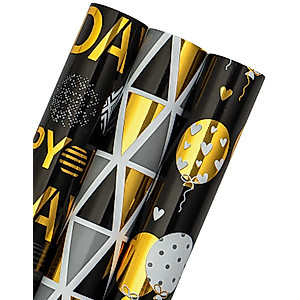WRAPAHOLIC Reversible Birthday Wrapping Paper Roll - Mini Roll - 3 Rolls - 17 Inch X 120 Inch Per Roll - Happy Birthday Lettering and Balloon for Kid's Birthday, Party, Baby Shower