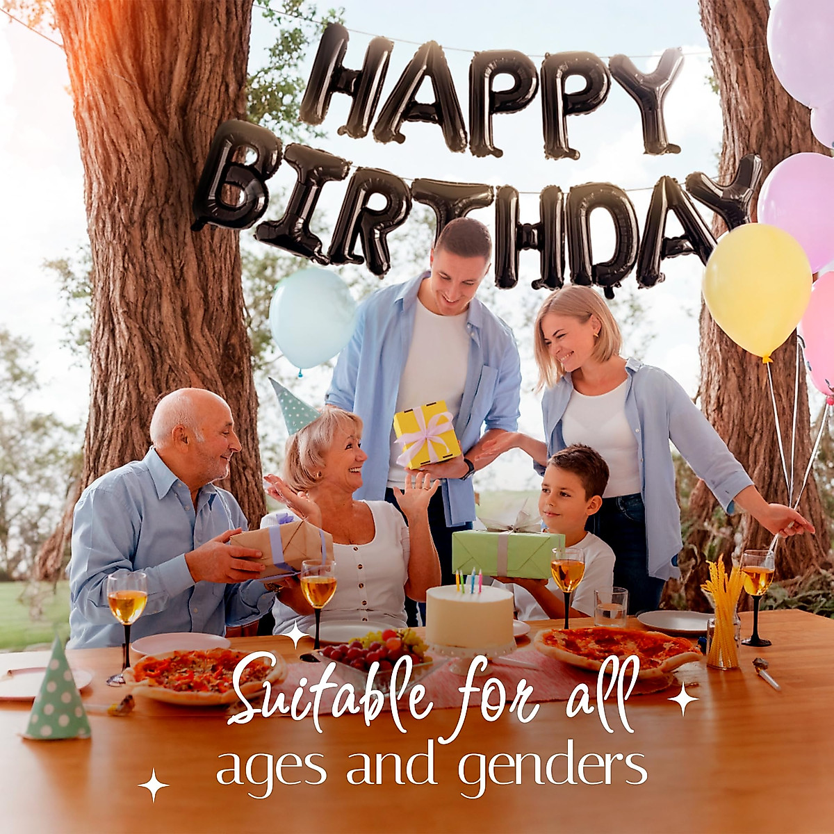 18 Inch 3D Foil Balloons Birthday Banner - Rope & Inflation Straw Included - Elegant Black Birthday Decorations - Party Decorations For Kids and Adults - Happy Birthday Balloon Sign - Thick Material