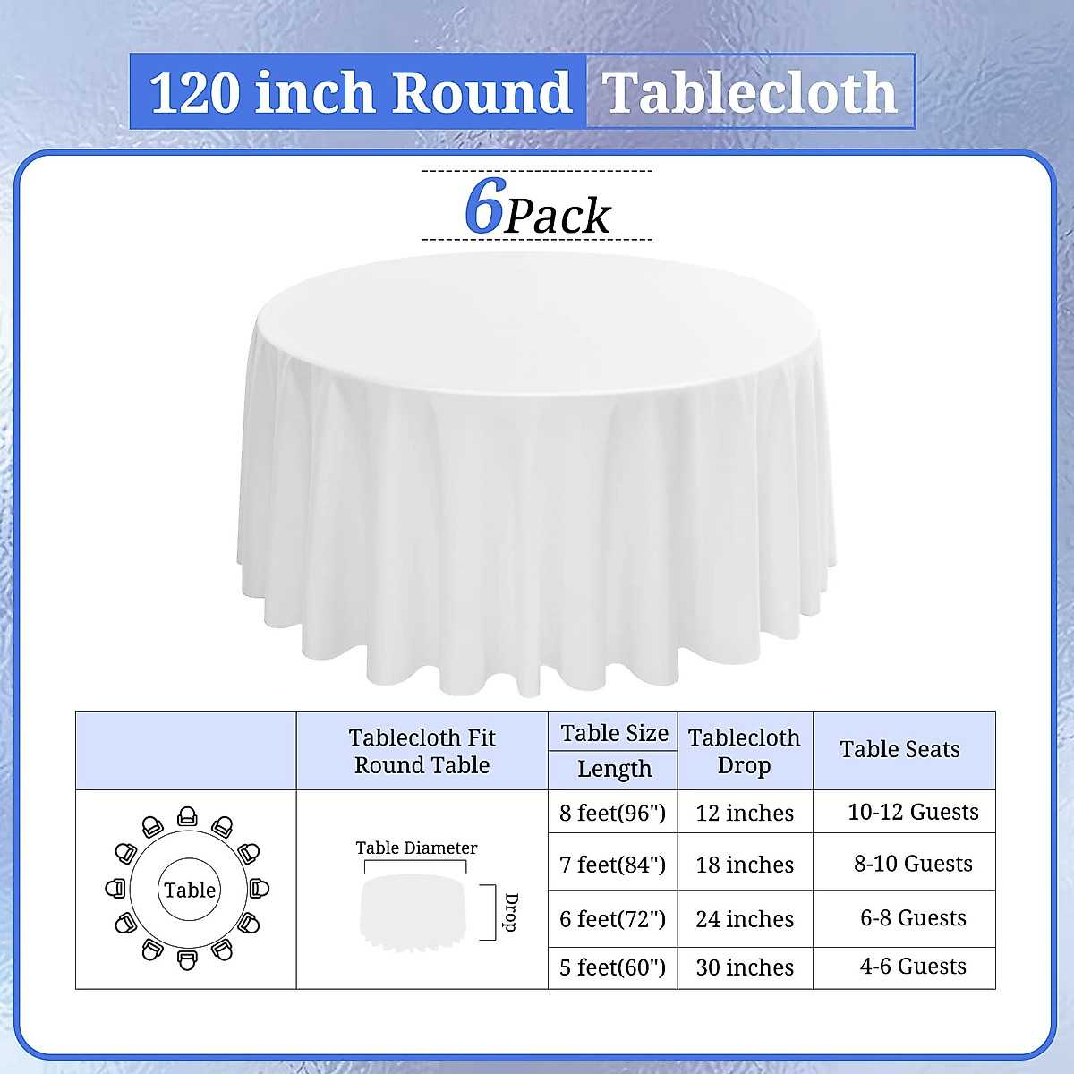 REWOMC 6 Pack Round Tablecloths - 120 Inch, White Polyester Table Cover for Round Table, Stain and Wrinkle Resistant Washable Fabric Table Cloth, Polyester Tablecloth for Wedding Banquet Parties