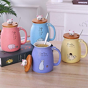 F FINEC 15oz Cute Cat Ceramic Mug, 450ml Milk Coffee Tea Cup With Spoon And Three-dimensional kitty Wood Lid, Heat-Resistant Cartoon Kitten Mugs For Children Office Lovers Gifts