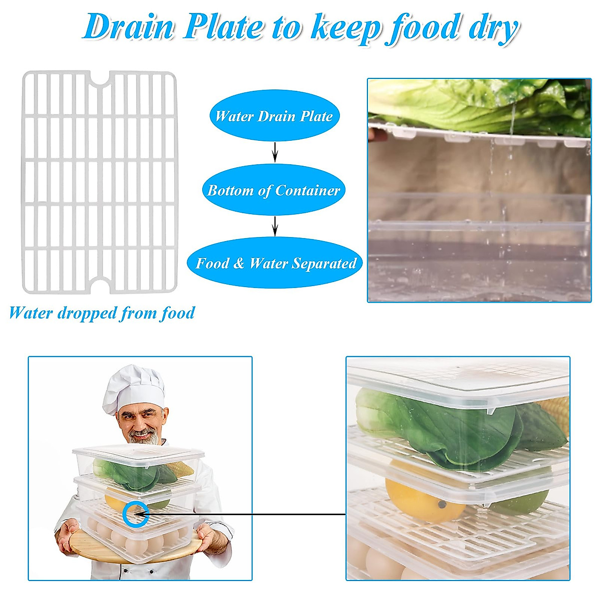 QTLCOHD 8 Pack Large Food Storage Containers with Removable Drain Plate and Lid for Meat Fruits Vegetables Freezer Storage