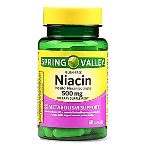 Spring Valley Flush-free Niacin 500 mg Metabolism Support, 60 Capsules (Pack of 2)