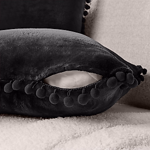 PAVILIA Black Throw Pillow Covers with Pom Pom 18x18 Set of 2, Decorative Pillow Cases for Bedroom Aesthetic, Small Throw Pillows Set for Bed, Velvet Euro Plush Cushion Covers for Sofa Couch