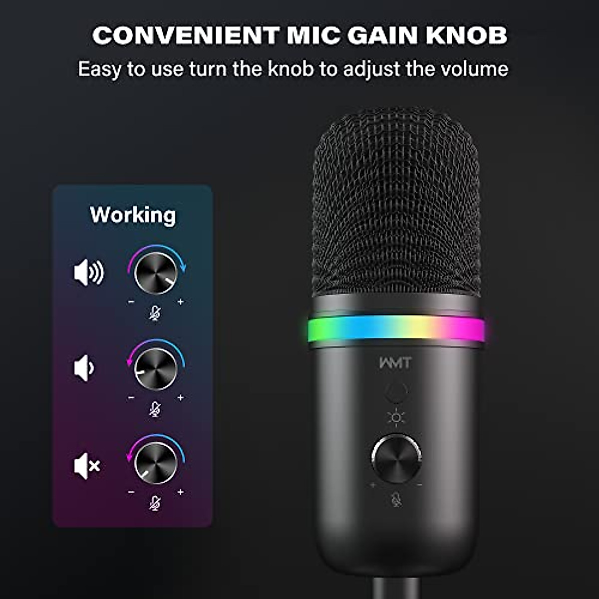 WMT USB Microphone - Condenser Gaming Microphone for PC/MAC/PS4/PS5/Phone- Cardioid Mic with Brilliant RGB Lighting Headphone Output Volume Control, Mute Button, for Streaming Podcast YouTube Discord