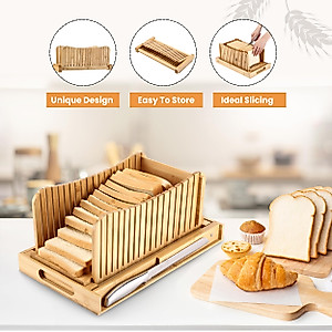 Deen Dynamics Premium Bamboo Bread Slicer for Homemade Bread, Bread Slicer with 3 Slice Thickness, Foldable bread slicer with Stainless steel knife and Compact Chopping Cutting Guide with Crumb Tray