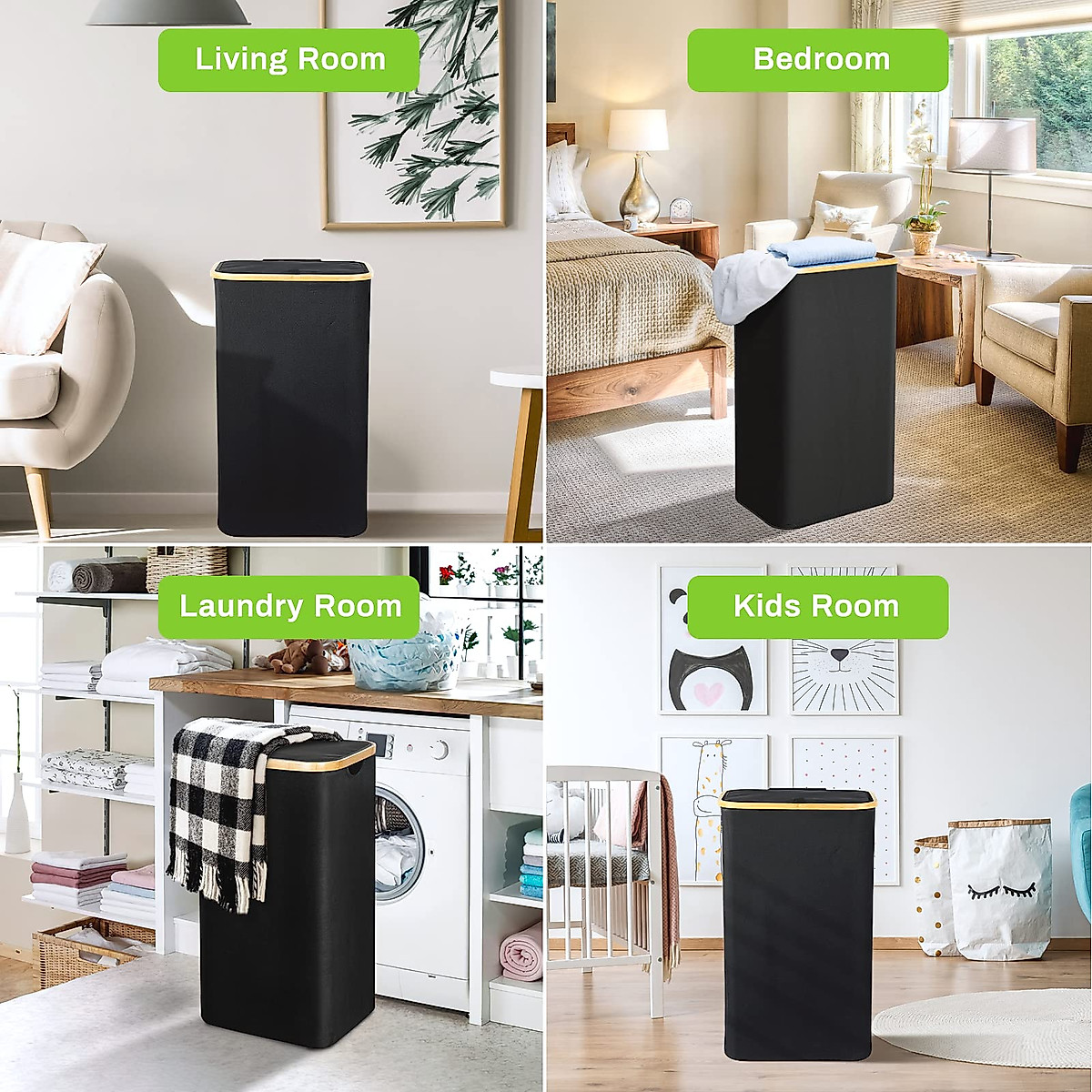 Jhua Laundry Basket with Lid and 2 Removable Liners (Black 110L)