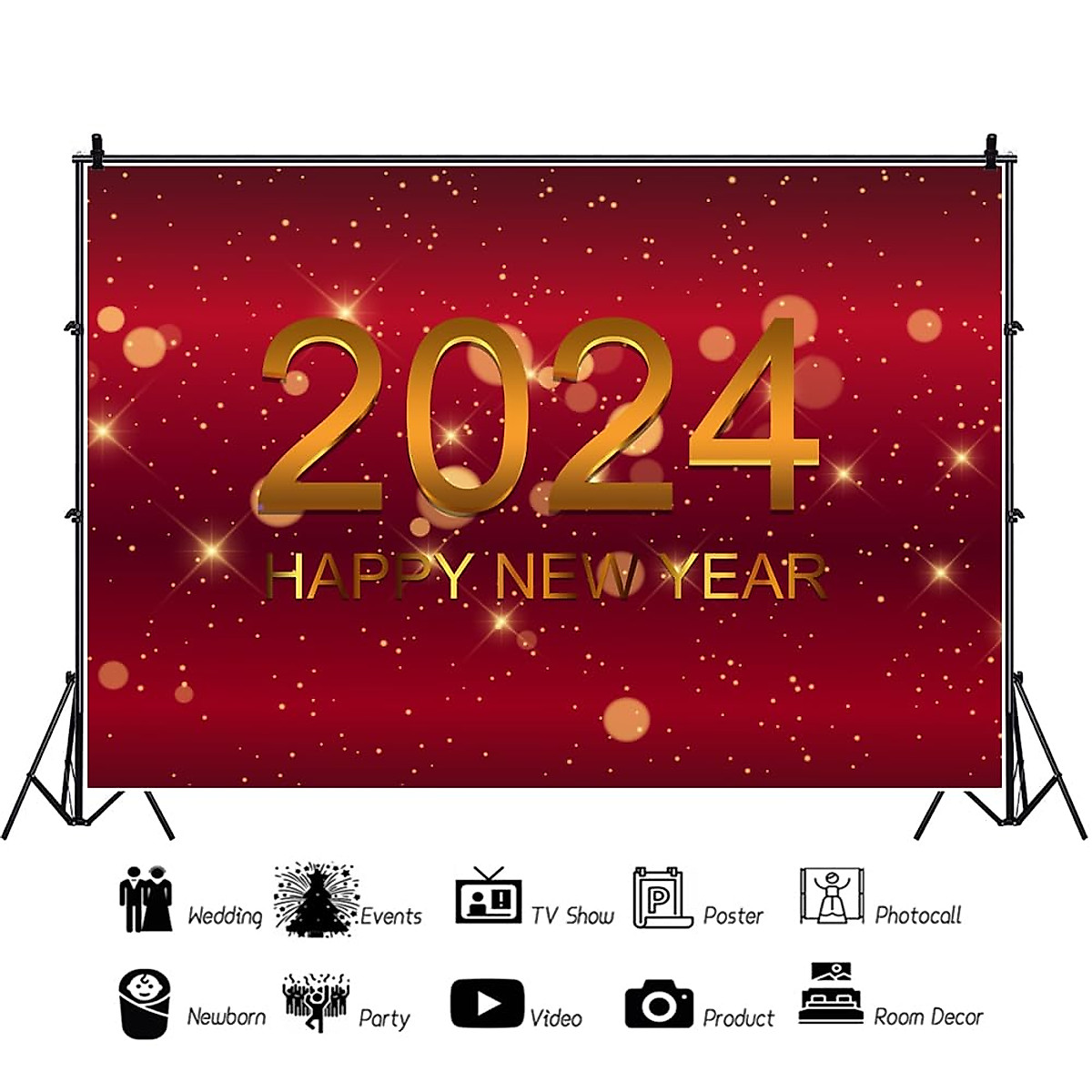 Baocicco 9x6ft 2024 Happy New Year Party Photography Background Champagne Bokeh Gold Glitter Chinese Red Background Photo Backdrop New Year Eve Party Night Carnival Kids Adults Photoshoot Studio