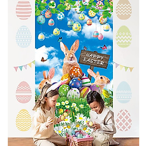 2023 Happy Easter Eggs Bunny Door Banner 3x6ft Spring Sky Grassland Flower Door Cover Banner Child Baby Shower Party Outdoor Yard Porch Sign Decoration