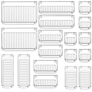 Puroma 18Pcs Drawer Organizer Set 4-size Versatile Vanity and Bathroom Drawer Organizers, Clear Plastic Desk Drawer Organizer Trays and Customize Layout Storage Bins for Makeup Kitchen Office (Clear)