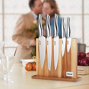 Hecef 6 Piece Kitchen Knife Block Set,All Metal Construction Hollow Handle Tapper Ground Knives & Double Sided Magnet Wood Knife Block