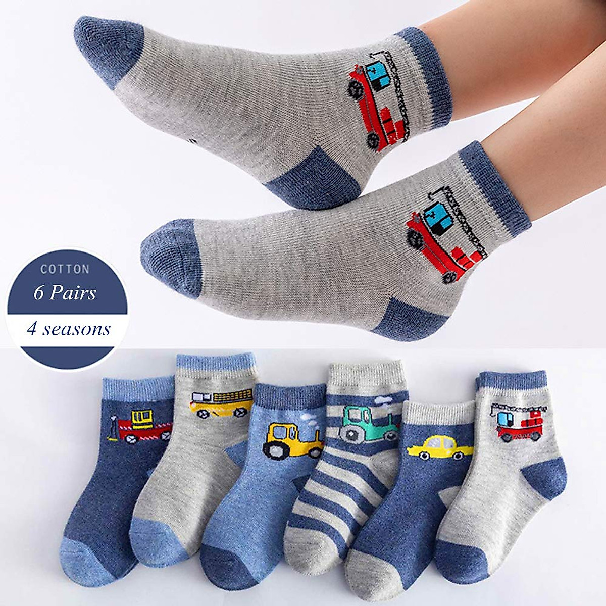 CHUNG Little Big Boys Cotton Quarter Socks Casual Dino Pattern 2025 Autumn Winter School Daily (5-8 Years, 6Car)