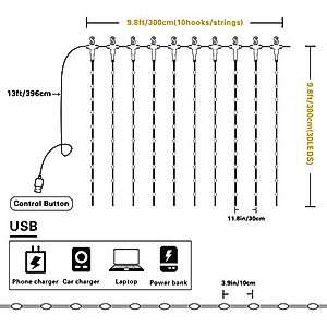 LIUPENGWEI LED Light String Curtain, Remote Control, 8 Modes Lights, Warm White LED 300 Fairy Lights, Decorative Light String Fairy, Home Garden Decoration Wedding Party Garden Ghost Light