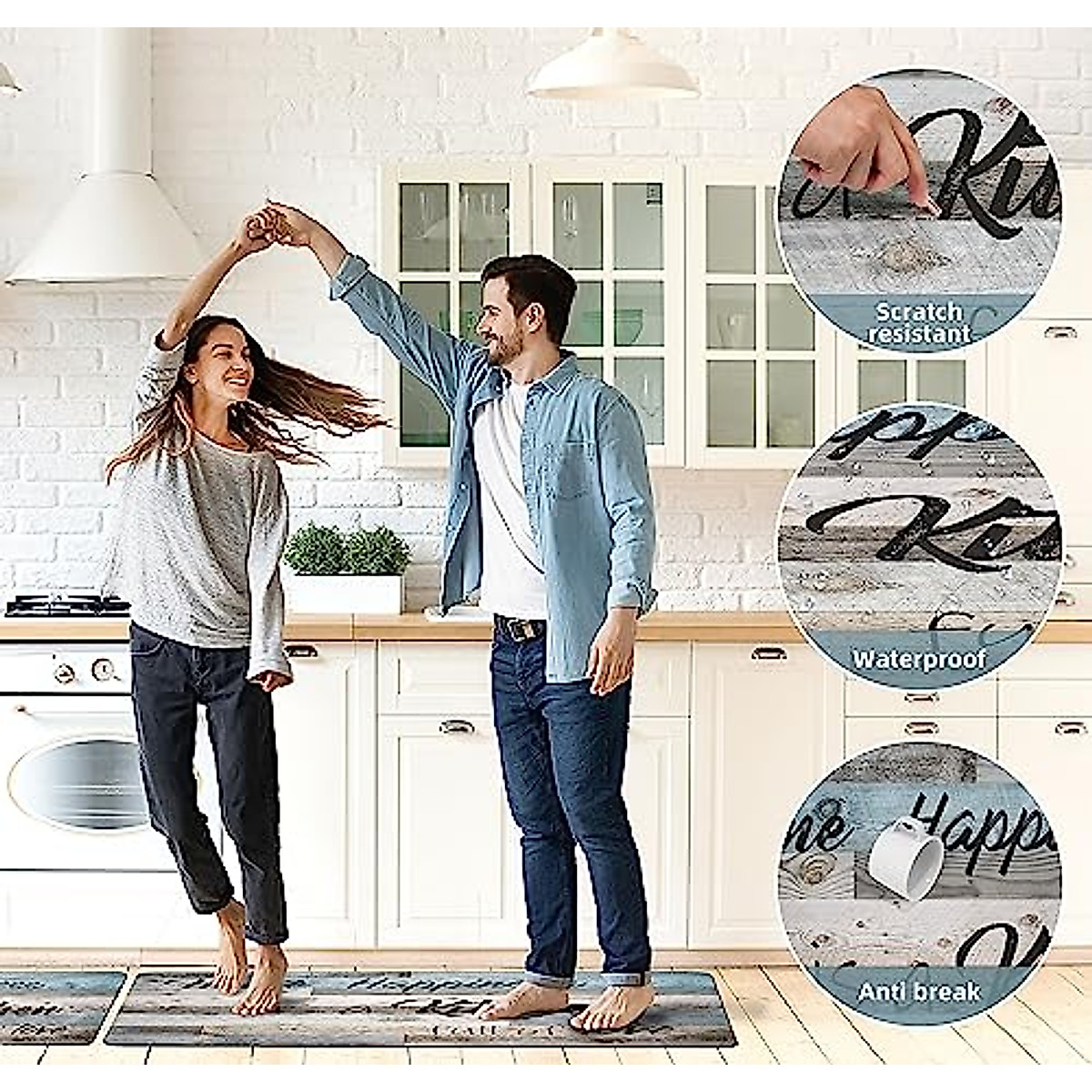 Farmhouse Kitchen Mats Sets of 2 Cushioned Standing Anti Fatigue Kitchen Rugs and Mat, for Rustic Home Office Kitchen mats for Floor Waterproof Non-Skid 17.3 x28+17.3 x 47 Inches Happiness Home