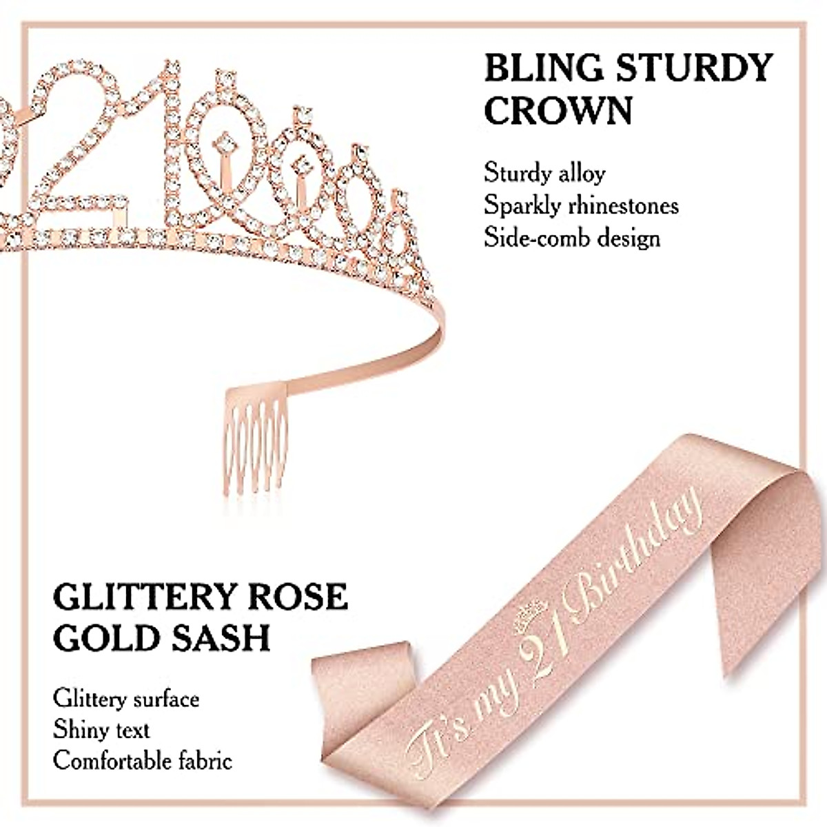 LOLtime 21st Birthday Decorations for Her, Including 21st Birthday Crown, Cake Topper, Tiara, Sash, Butterfly Decorations, Happy Birthday Candles, 21st Birthday Gifts for Her