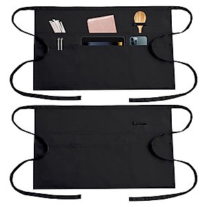 AEKTBY 6 Pockets Black Server Aprons (2 Pack), Half Waist Apron for Unisex Waitress Waiter, Barber, Cleaner