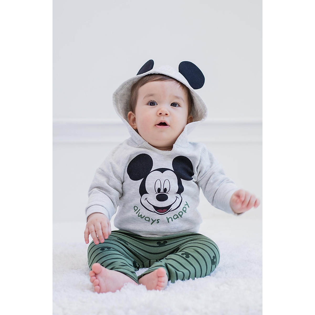 Disney Mickey Mouse Infant Baby Boys or Girls 3 Piece Outfit Set: Pants Hoodie Bodysuit Grey/White 18 Months