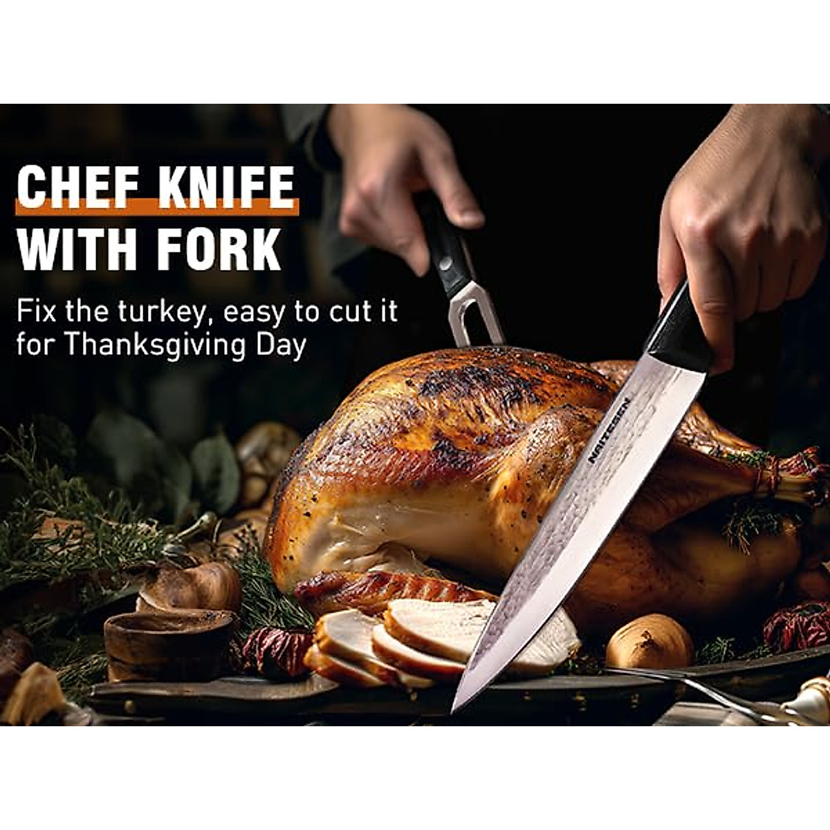 Naitesen 3PCS Kitchen Chef Knife Set Very Sharp Hand Forged Chef Knife Boning Knife Fork Set for Meat CuttingHigh Carbon Steel Kitchen knives with for BBQ, Turkey, Ham, Meat, Brisket