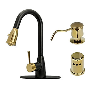 Two Tone Kitchen Faucet with Soap Dispenser and Air Gap, Single Handle Solid Brass High Arc Pull Down Sprayer Head Kitchen Sink Faucets with Deck Plate AK96455