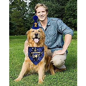 AULEGE Adorable Hat and Bandana Square Scarf for Dog Birthdays, Boy Dog Birthday Crown Hat for Small Medium Large Dog, Birthday Outfit and Decoration Supply Set, Royal Blue