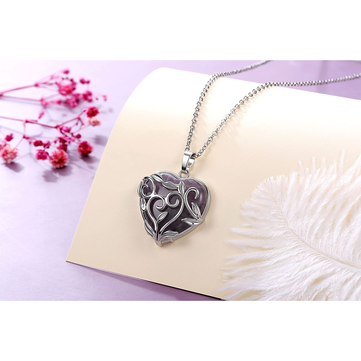 Jovivi Natural Amethyst Crystals Necklace for Women Flower Leaf Wire Wrapped Healing Crystal Heart Gemstone Pendant Necklace Natural Stone Reiki Quartz Jewelry Mothers Day Gifts