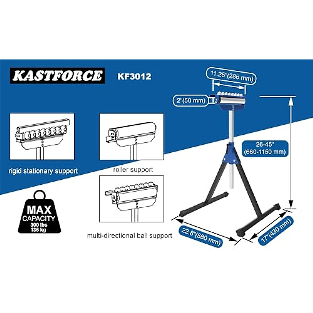 KASTFORCE Heavy-Duty Roller Stand 300 Lbs 136kg Loading Capacity (3 in 1 Roller), Adjustable Miter Saw Extension, Folds Flat for Easy Storage, 2 Inch (50mm) Stainless Steel Roller KF3012