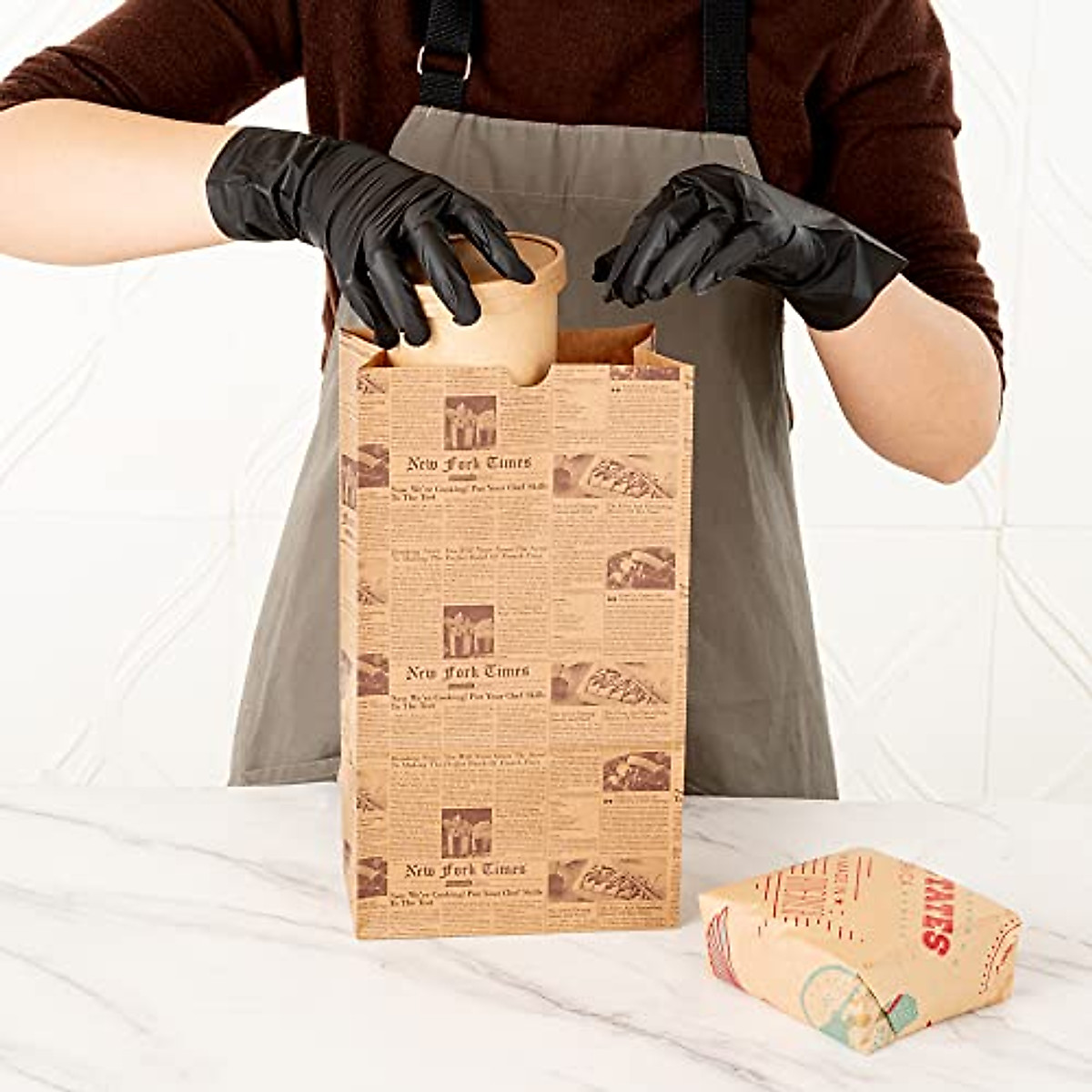 Restaurantware Bag Tek 12 Lb Disposable Lunch Bags 100 Sturdy Take Out Bags - Flat Bottom Microwavable Kraft Newsprint Design Paper Bags Freezable Great For Restaurants Cafes And Bakeries