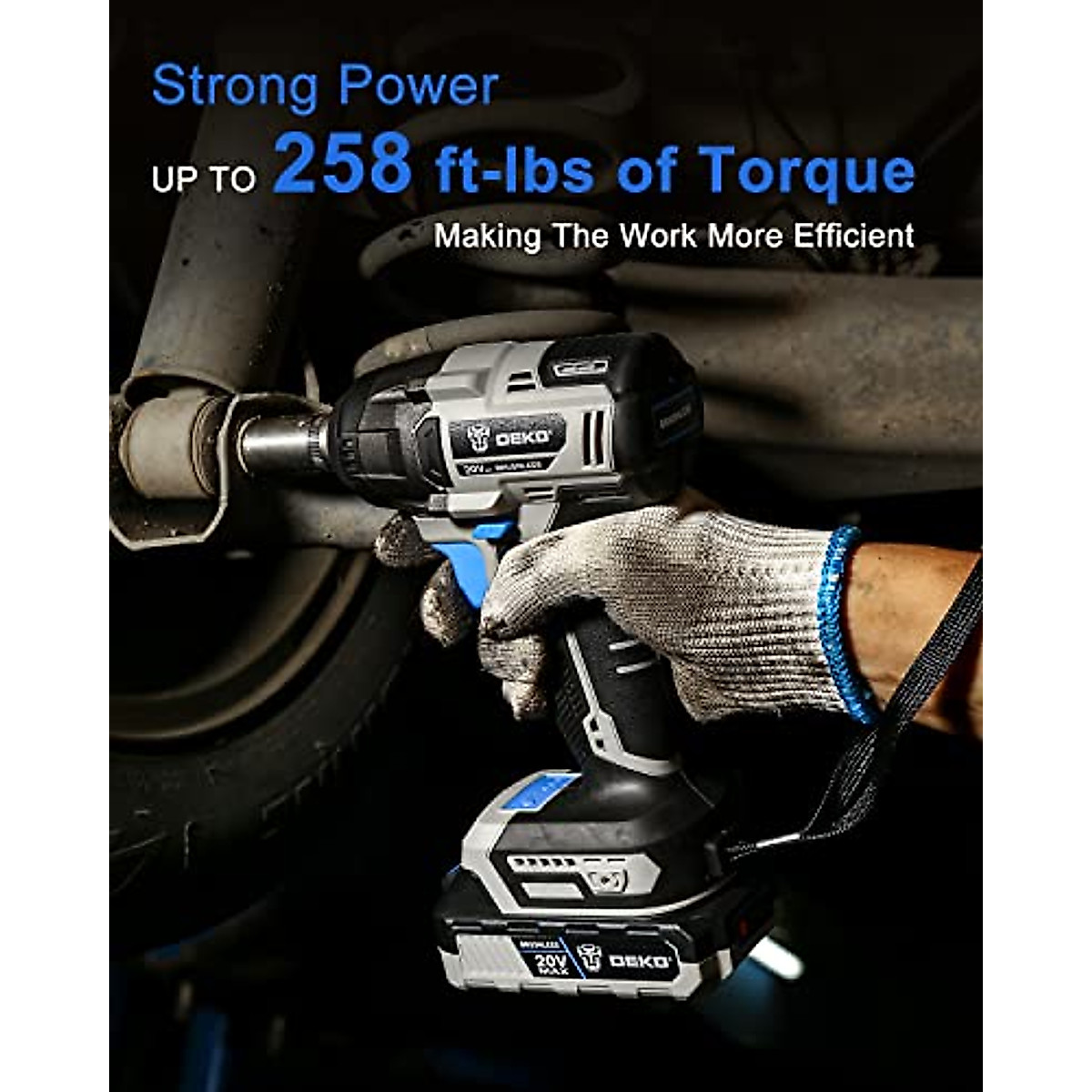 DEKOPRO Cordless Impact Wrench 1/2inch,20V Power Impact Wrench, Powerful Brushless Motor, 3-Variable Speed, Max Torque 258 ft-lbs (350N.m), 2x2.0A Li-ion Battery, 1 Hour Fast Charger and Tool Bag