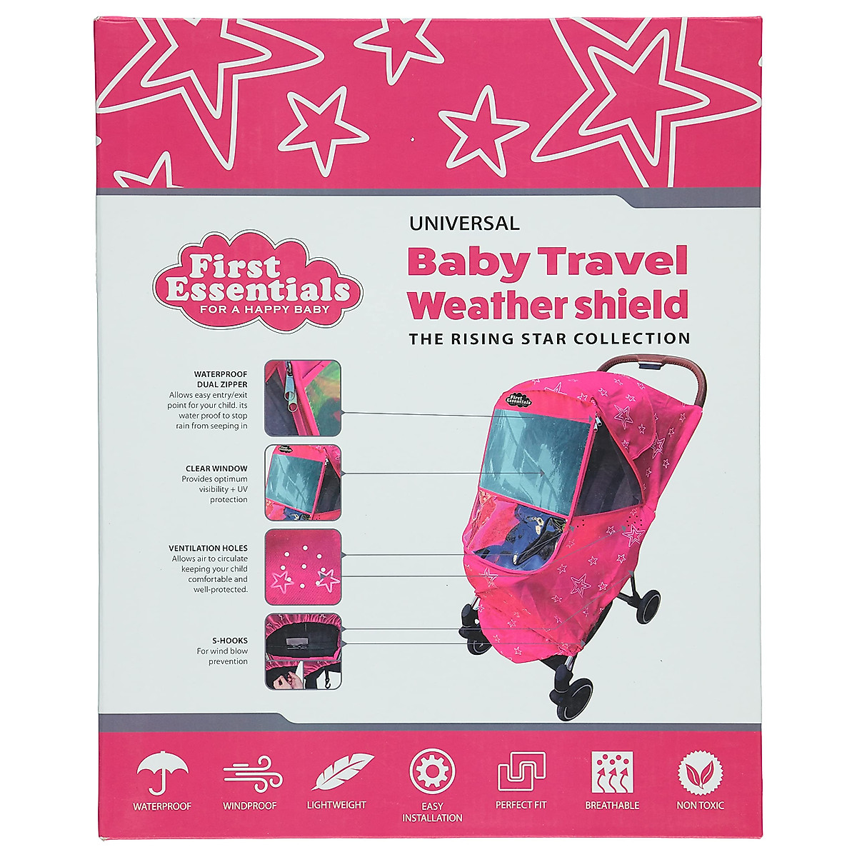 First Essentials Stroller Rain Cover Universal, Baby Travel Weather Shield, Windproof Waterproof, Protect from Dust Snow (Pink)