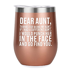 Mother's Day Aunt Gifts from Niece/Nephew, Best Aunt Ever Gifts, Birthday Gifts for Aunt, Funny Thanksgiving Christmas Gifts for Aunt, Auntie - 12oz Stainless Steel Insulated Wine Tumbler (Rose Gold)