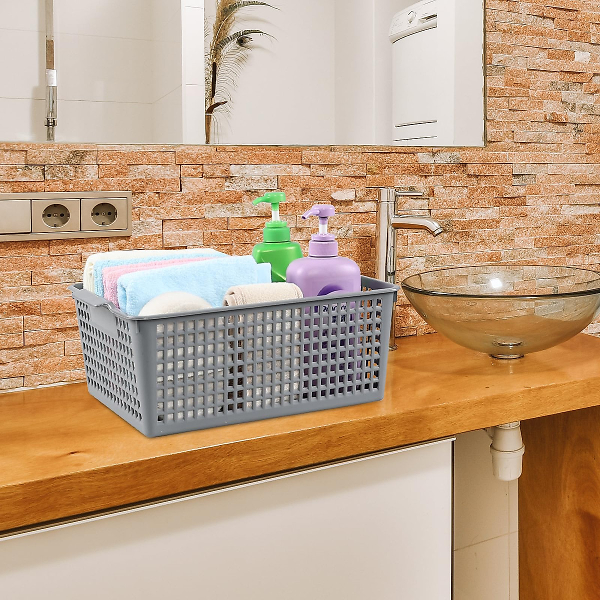 Dehouse Set of 3 Large Plastic Baskets for Organizing, Plastic Storage Basket Organizer, Gray