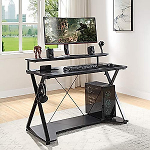 OSP Home Furnishings Checkpoint Ghost Battlestation Gaming Desk with RGB LED Lights, Black