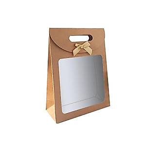 MODADA Gift Bags 12/24/48pcs Kraft Paper Flip Open Window Tote Bag with Ribbon Bow Wedding Birthday Party Gift Packaging Handbag Cookie Candy Bag (Color : Kraft, Size : 23X11X31CM_12PCS)