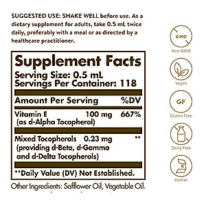 Solgar Liquid Vitamin E (with dropper), 2 fl. oz. - Antioxidant, Skin & Immune Support, Overall Health - Natural, Liquid Vitamin E - Non-GMO, Vegan, Gluten Free, Dairy Free, Kosher - 118 Servings