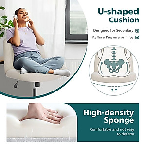 Criss Cross Chair with Wheels, Ergonomic Armless Swivel Comfy Vanity Seat, Wide Back Support and Adjustable Height for Home Office Bedroom Computer Gaming Makeup, Beige Fabric