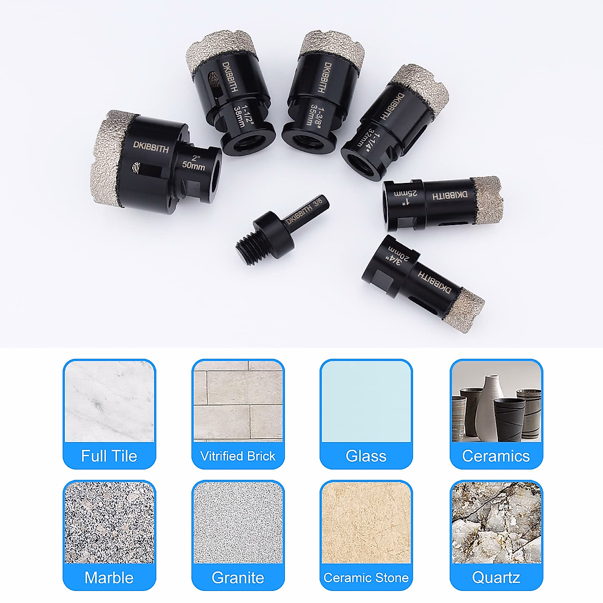 DKIBBITH 7 Packs Diamond Core Drill Bits, Angle Grinder Hole Saw for Porcelain Tile Granite Brick Concrete with 5/8-11 Thread Hex Shank Adapter, Size 3/4'' 1'' 1-1/4'' 1-3/8'' 1-1/2'' & 2'', Black