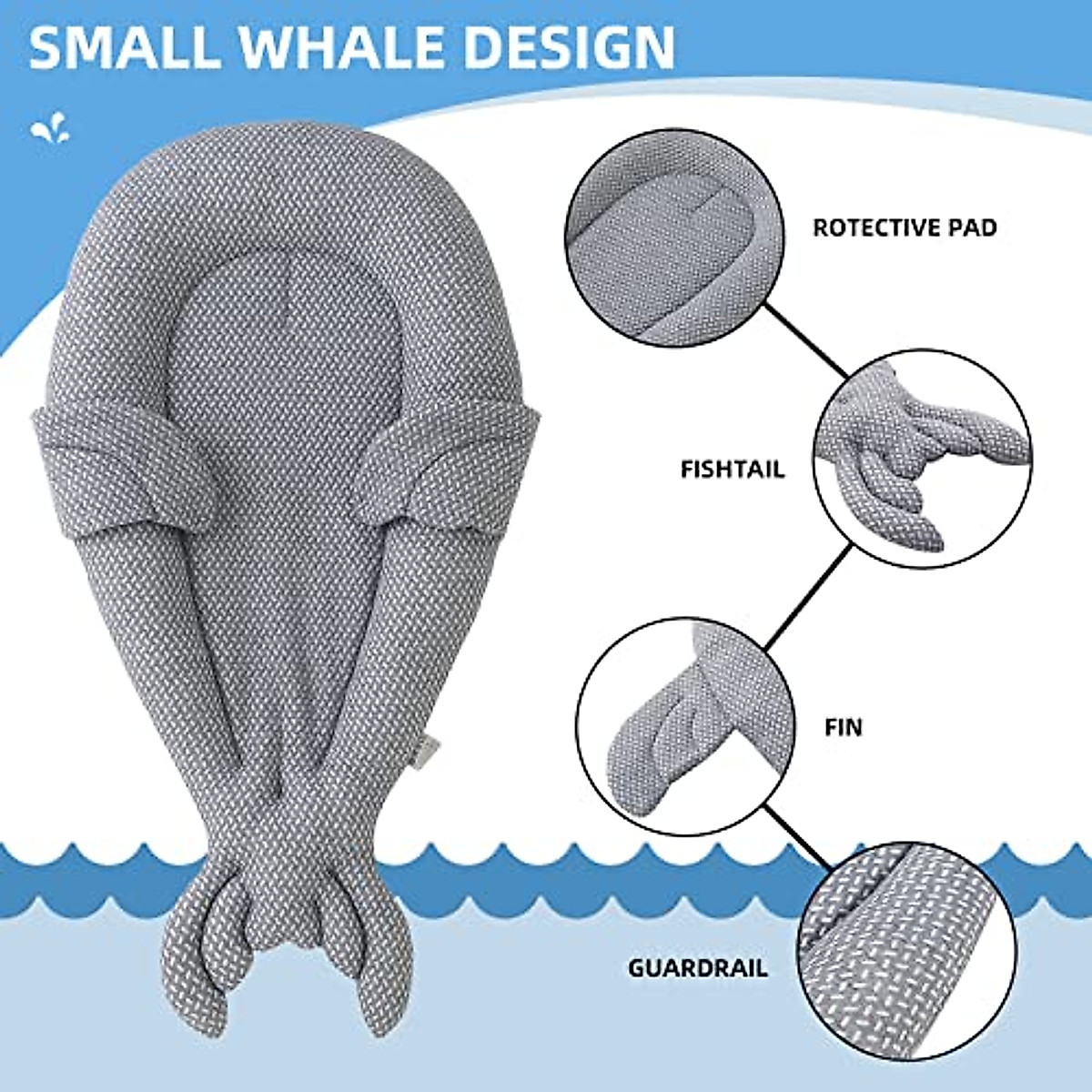 Hiseeme Baby Play Mats for Floor,Baby Lounger for Cover,100% Cotton Premium Breathable Whales Mat,Sleeping Bed Cover for Newborn,Machine Washable, Polyester,（Grey）