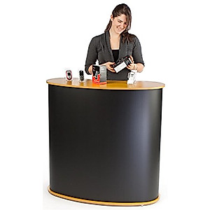 Pop-up Podium Counter with Kidney Bean Shaped Wood Grain Table Surface and Black Body - Portable Design, No Tools Required! (TSPCL02WD)
