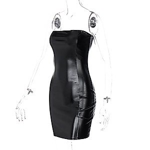GOOHO Women Sexy Club Party Strapless Bodycon Pu Leather Black Ruched Latex Dress (SPUD-X-Large)