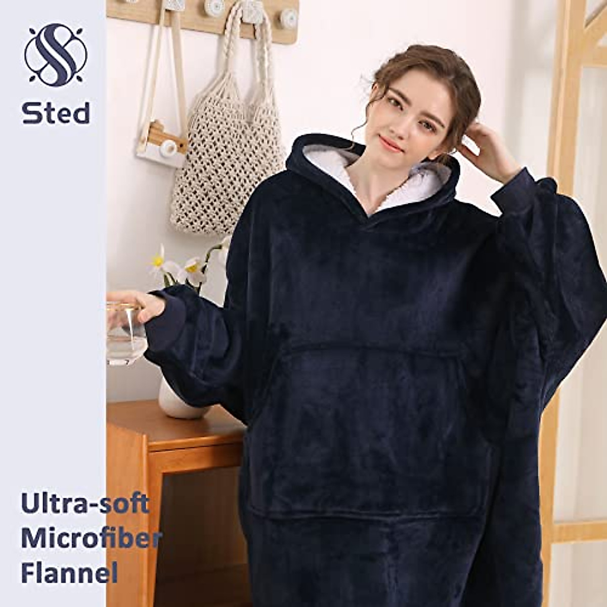 Wearable Blanket Hoodie for Men & Women, Oversized Hoodie Blanket Adult, Sherpa Fleece & Flannel Blanket with Sleeves and Giant Pocket, Machine Washable, Convenient for Home and Outdoors, Navy Blue