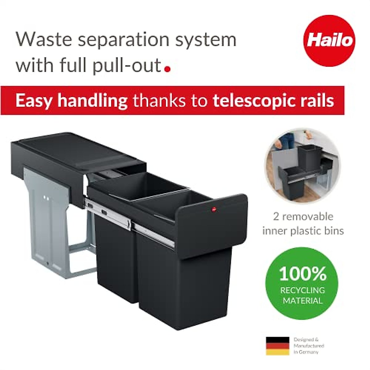 Hailo Ecoline Design L | Built-in Pull-Out Waste Separation System | 2 x 14 L / 2 x 3.7 gal Recycling Trash can (Black) | Removable Bins Made from 100% Recycled Plastic