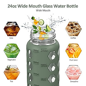 MUKOKO 32oz Glass Water Bottles with 2 Lids-Handle Spout Lid&Bamboo Straw Lid, Motivational Water Tumbler with Time Marker Reminder and Silicone Sleeve, Leakproof-Olive-1 Pack