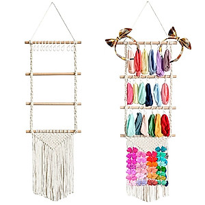 Nerien Headband Holder, Hair Bow Organizer for Girls Baby Toddler, Macrame Wood Hair Accessories Wall Closet Hanging Storage Display, for Hair Ribbons Ties Clips, with 30 Pcs Hooks for Shower Room