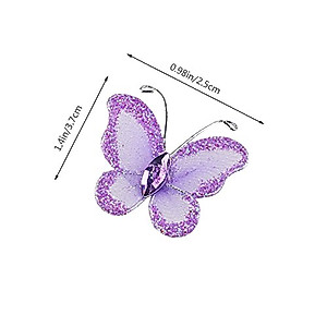 WINOMO Organza Butterflies, 50Pcs Sheer Mesh Wire Glitter Wedding Decorative Butterflies Decors Craft Sheer Mesh Wire Glitter Butterfly with Gem (Purple)