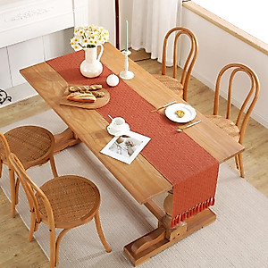 JIALE Fall Table Runner, Rustic Farmhouse Table Runners with Tassels 72 Inches Long, Boho Cotton Linen Table Runner for Table Decor, Holiday Party and Wedding, 13x72 Inches, Orange