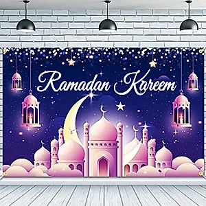 JKQ Ramadan Kareem Backdrop Banner 71 x 43 Inch Muslim Ramadan Background Banner Lantern Moon Castle Islamic Eid Mubarak Festival Party Decorations Ramadan Mubarak Indoor Outdoor Photo Booth Props