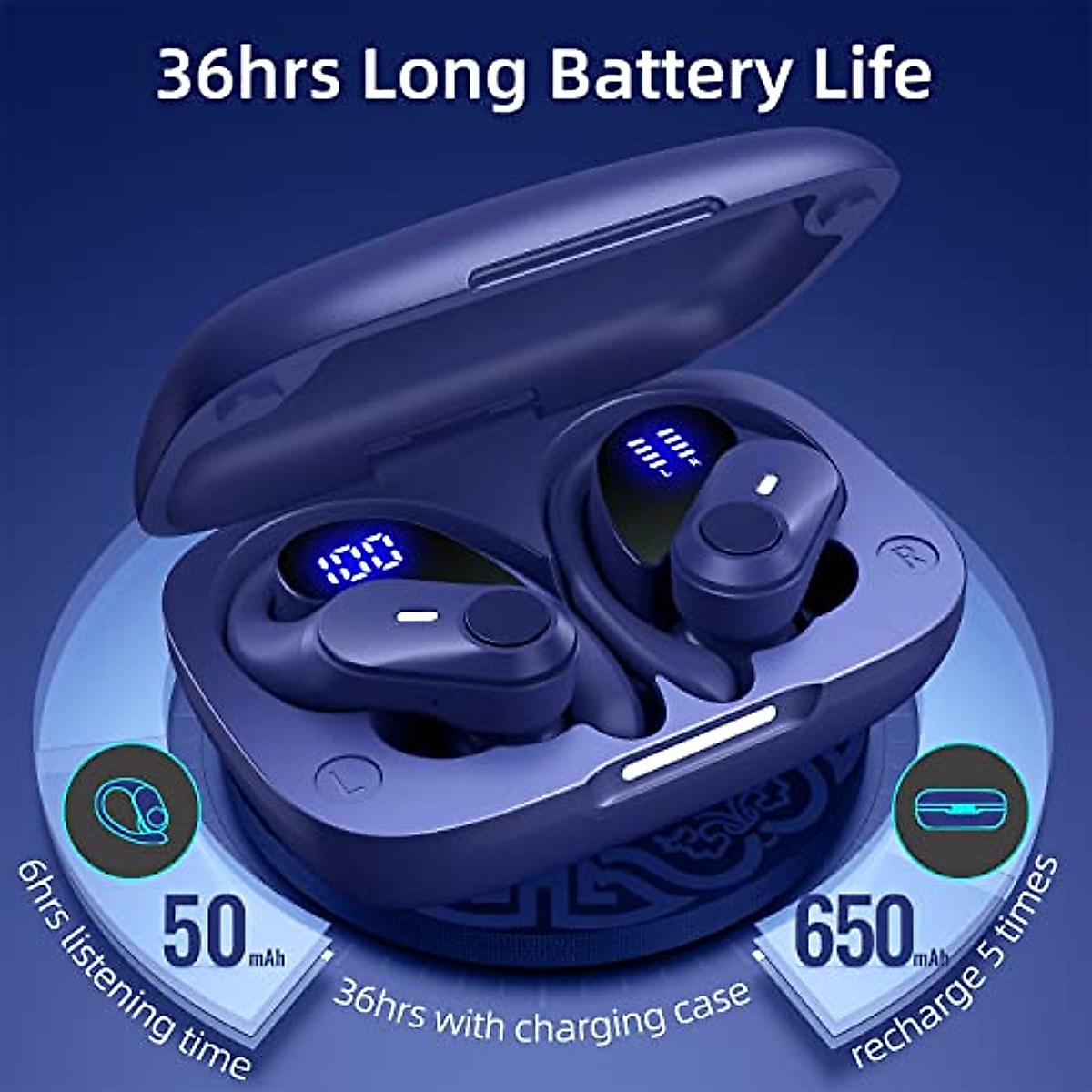 GOLREX Bluetooth Headphones Wireless Earbuds 36Hrs Playtime Wireless Charging Case Digital LED Display Over-Ear Earphones with Earhook Waterproof Headset with Mic for Sport Running Workout Blue