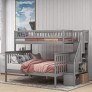 DNYN Stairway Twin-Over-Full Bunk Bed with Storage Shelves & Guardrail for Dorm, Kids Bedroom, Solid Pine Wood Bedframe, Space Saving Design & No Box Spring Needed, Grey